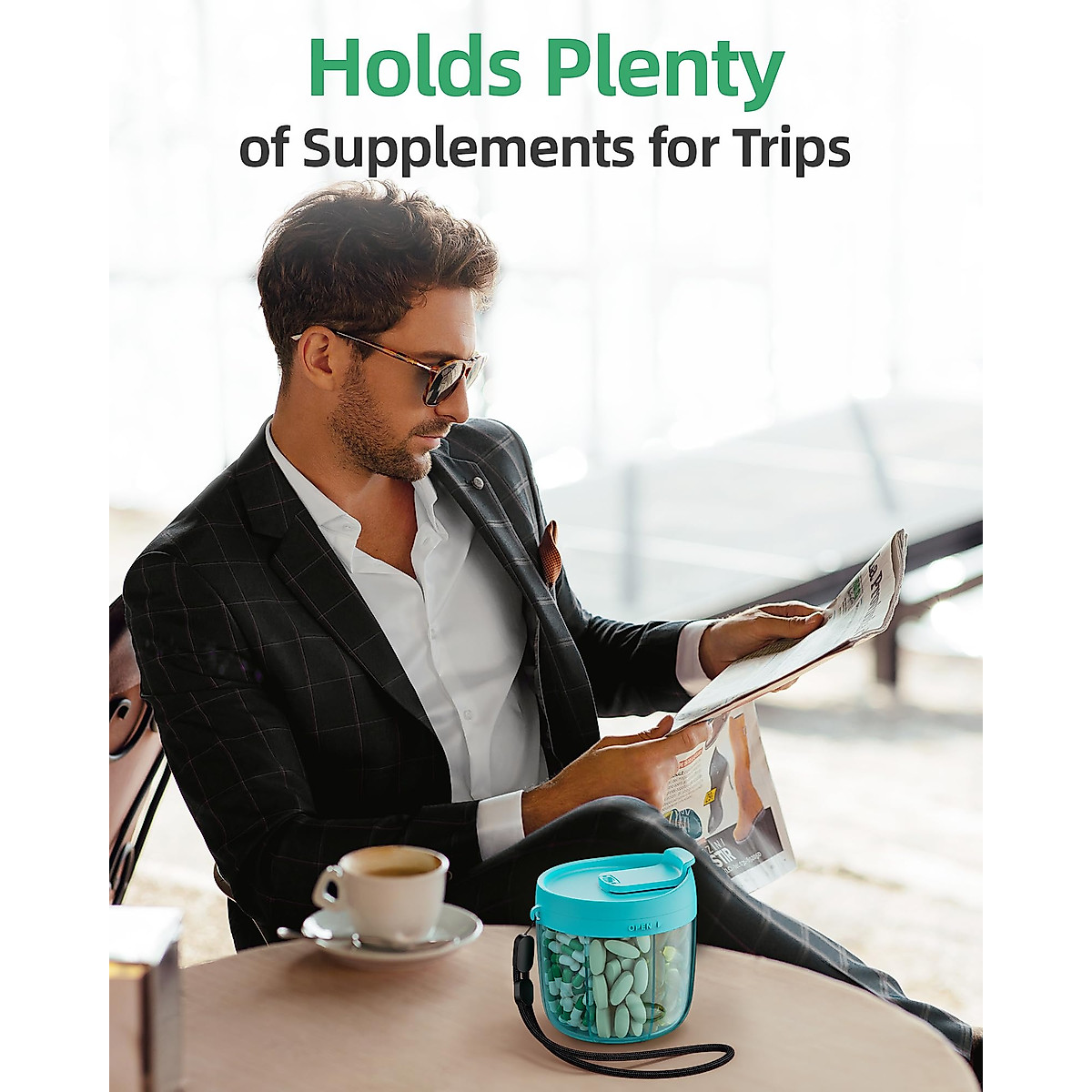 PULIV Portable Pill Dispenser Bottle, Vitamin Organizer with 7 Compartments, Holds Plenty of Supplements with Anti-Mixing & Wide Openings Design, Easy to Retrieve Meds, Includes 20 Pcs Labels Blue