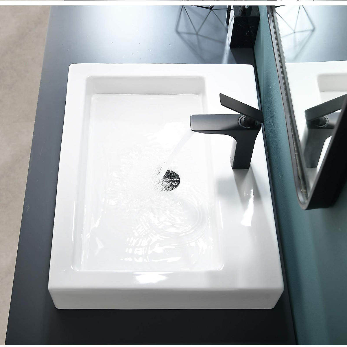Bathroom Vessel Sink Rectangular White,VALISY 24 x18 Inch Above Counter Porcelain Ceramic Vessel Sink, Rectangle Modern Vanity Lavatory Bath Countertop Bathroom Sink Bowl Basin with Single Faucet Hole