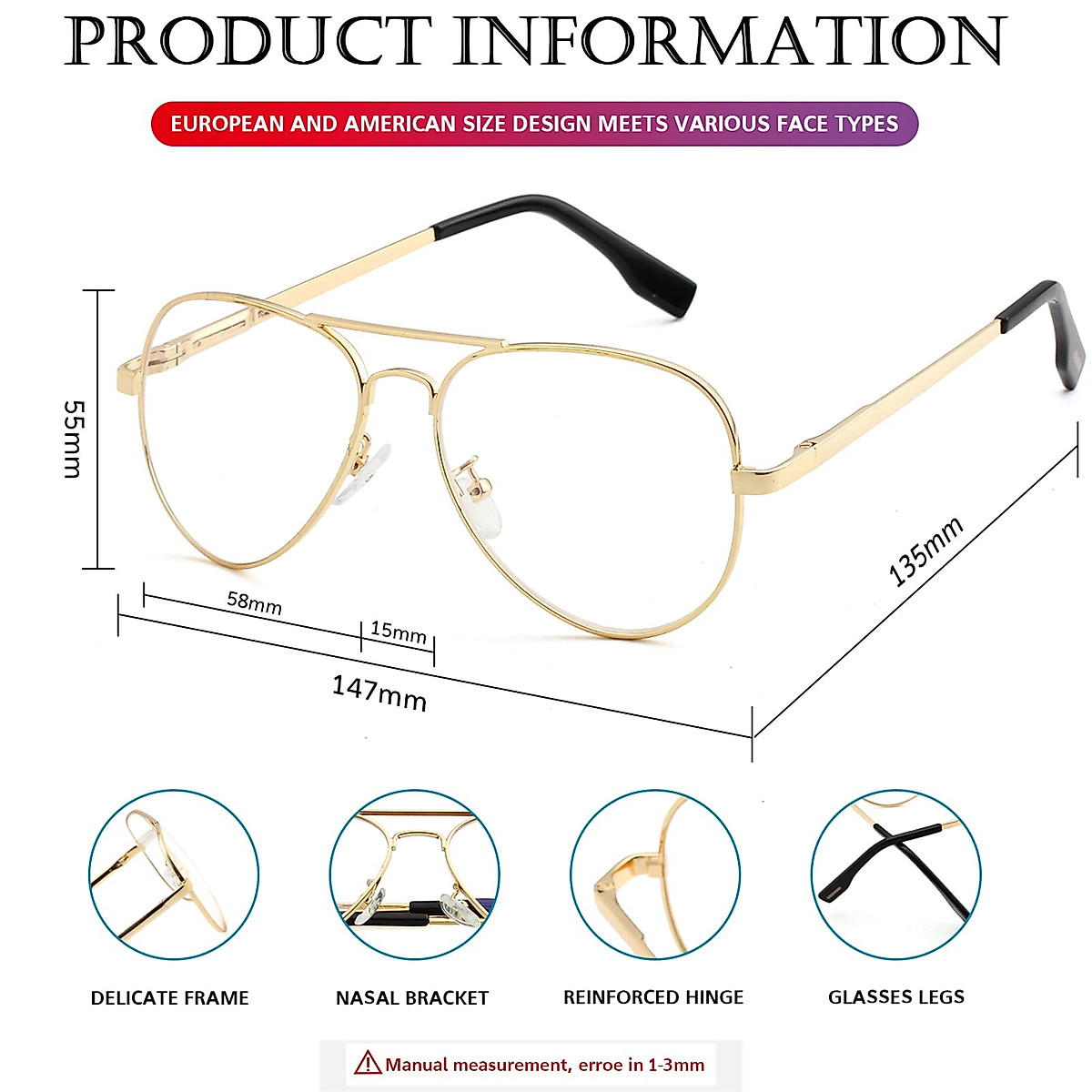 PORADAY Classic Aviator Glasses Clear Lens Metal Frame Eyewear for Men Women (Gold Frame/Clear Lens)