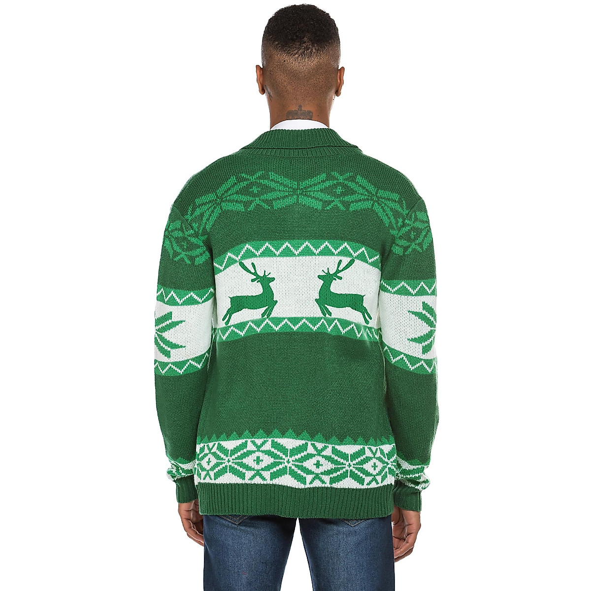 COOFANDY Mens Ugly Christmas Xmas Cardigan Sweater X-Mas Shawl Collar Button Front Knit Sweaters (Green L)