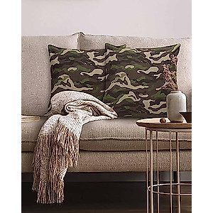 HELLOWINK Decorative Throw Pillow Covers 18x18 Set of 2 Camo Green Linen Indoor Outdoor Pillow Covers for Couch Sofa Camouflage Soft Double-Sided Cushion Covers Cases for Home Decor