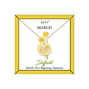 AFFY March Birth Month Daffodil Flower Disc Pendant Necklace In 18k Yellow Gold Plated Jewelry for Womens 18" Chain