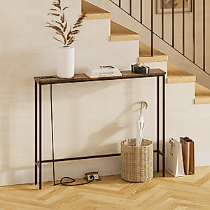 Masupu 5.9" Skinny Console Table with Power Outlet,Modern Narrow Sofa Table Behind Couch,Skinny Entry Table with Gold Metal Frame for Entryway,Living Room, Hallway,Marble White