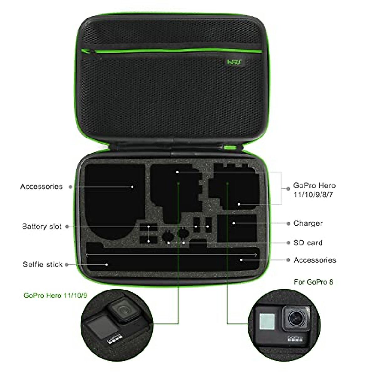 HSU Large Carrying Case for GoPro Hero 10 Hero 9 Hero 8 and Accessories, DJI Osmo Action,AKASO,Campark,YI Action Camera and More (Upgrade Sponge Precut Slots) (Green)