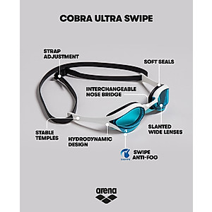 Arena Unisex Cobra Ultra Swipe Racing Swim Goggles for Men and Women Swipe Anti-Fog Technology Polycarbonate Mirror Lens, Silver/Black