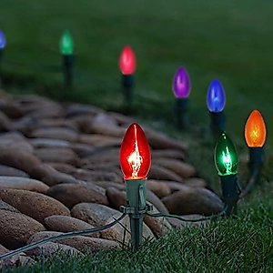 25 Ft C9 Christmas Pathway Lights with 27 Multicolor Bulbs and 25 Stakes Waterproof Connectable Christmas Lights for Walkway Yard Holiday Sidewalk Driveway Garden Lawn Christmas Decoration, Multicolor
