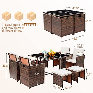 Homall 9 Pieces Dining Outdoor Furniture Patio Wicker Rattan Chairs and Tempered Glass Table Sectional Conversation Set Cushioned with Ottoman (Brown)