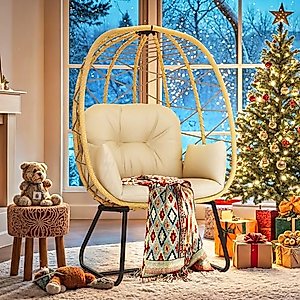YITAHOME Egg Chair with Stand Outdoor Indoor Egg Lounge Chair with Cushion Wicker Chair PE Rattan Chair Included for Patio, Garden, Backyard, Porch, Beige
