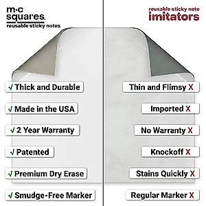M.C. Squares Dry Erase Reusable Sticky Notes | 4x4 Stickies 6-Pack | 2-Year Re-Stickable & Erasable Post Notes | Smudge-Free Tackie Marker | USA Made