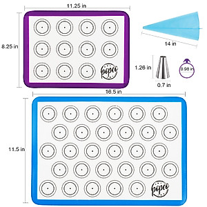 POPCO Macaron Baking Kit (19pcs Set) - 2 Half Size and 2 Quarter Size Silicone Macaron Baking Mats Plus 8 Piping Tips, 3 Piping Bags with 3 Bag Ties, 1 Coupler