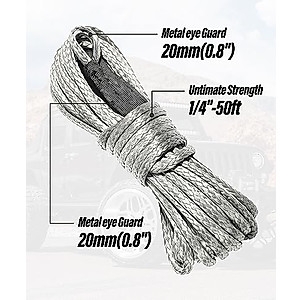 ESEWALAS 1/4''x50ft Synthetic Winch Rope,10,000LBs Synthetic Winch Line Cable Rope,Winch Cable Line with Forged Winch Hook and Black Protecing Sleeve,Car Tow Recovery Cable Winch Accessory (Gray)