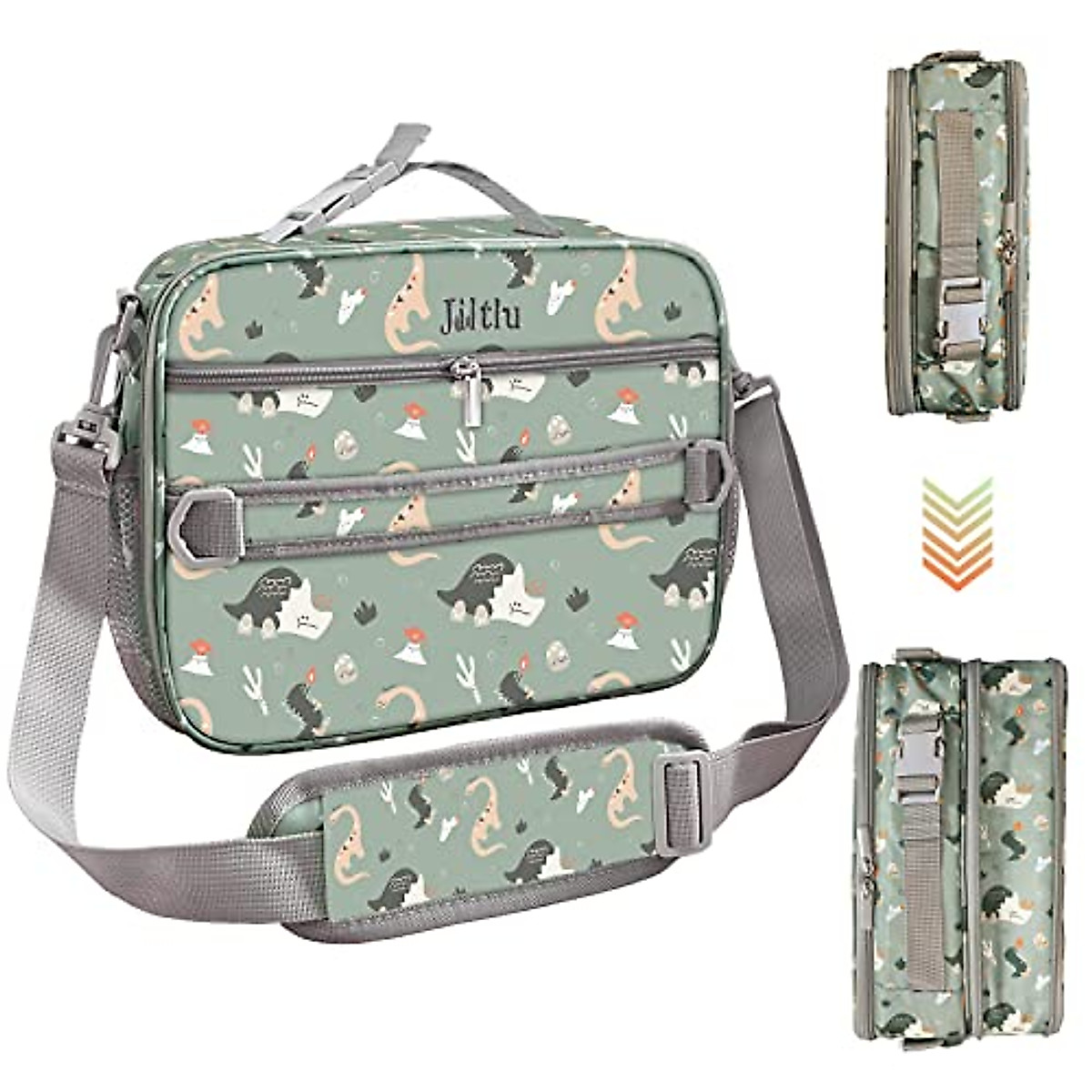 Jiltlu Kids Insulated Lunch Bags, Boys Girls Expandable Lunch Box Reusable Leakproof Portable with Removable Shoulder Strap for School Office Picnic-Olive Green-Dino
