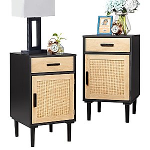 Finnhomy Tall Nightstands Set of 2, Night Stand, Bedside Table Set of 2 with Drawer and Shelf, Hand Made Rattan Decorated Doors, Nightstands with Storage for Bedroom, Black, 2 Pack