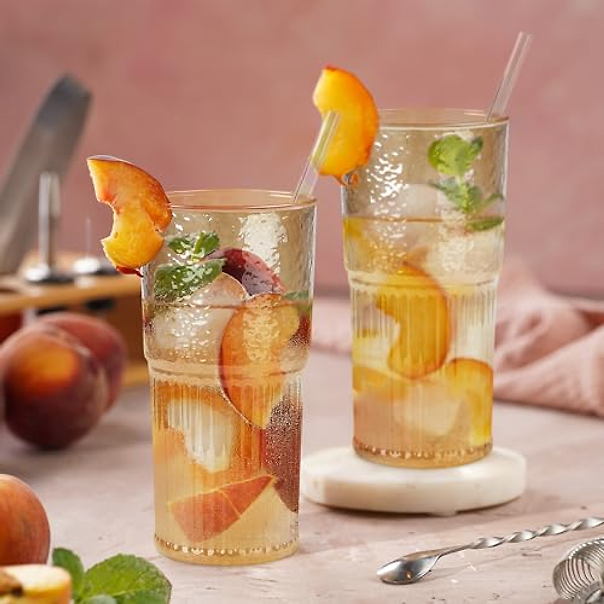 Joeyan 22 oz Amber Glass Tumbler with Straw and Lid for Iced Tea Coffee Smoothie Water Juice Beverages Soda,Ribbed Glasses Cups,Borosilicate Drinking Jar,Set of 2,Dishwasher Safe