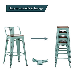 Andeworld Bar Stools Set of 4 Counter Height Stools Industrial Metal Barstools with Wooden Seats(24 Inch, Distressed Green Blue)