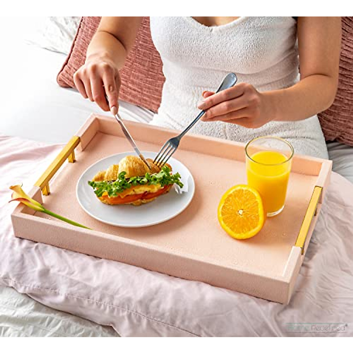 Home Redefined Modern Elegant 18"x12" Rectangle Baby Pink Tray Glossy Shagreen Decorative Ottoman Coffee Table Perfume Dresser Kitchen Serving Tray with Gold Polished Metal Handles for All Occasion's