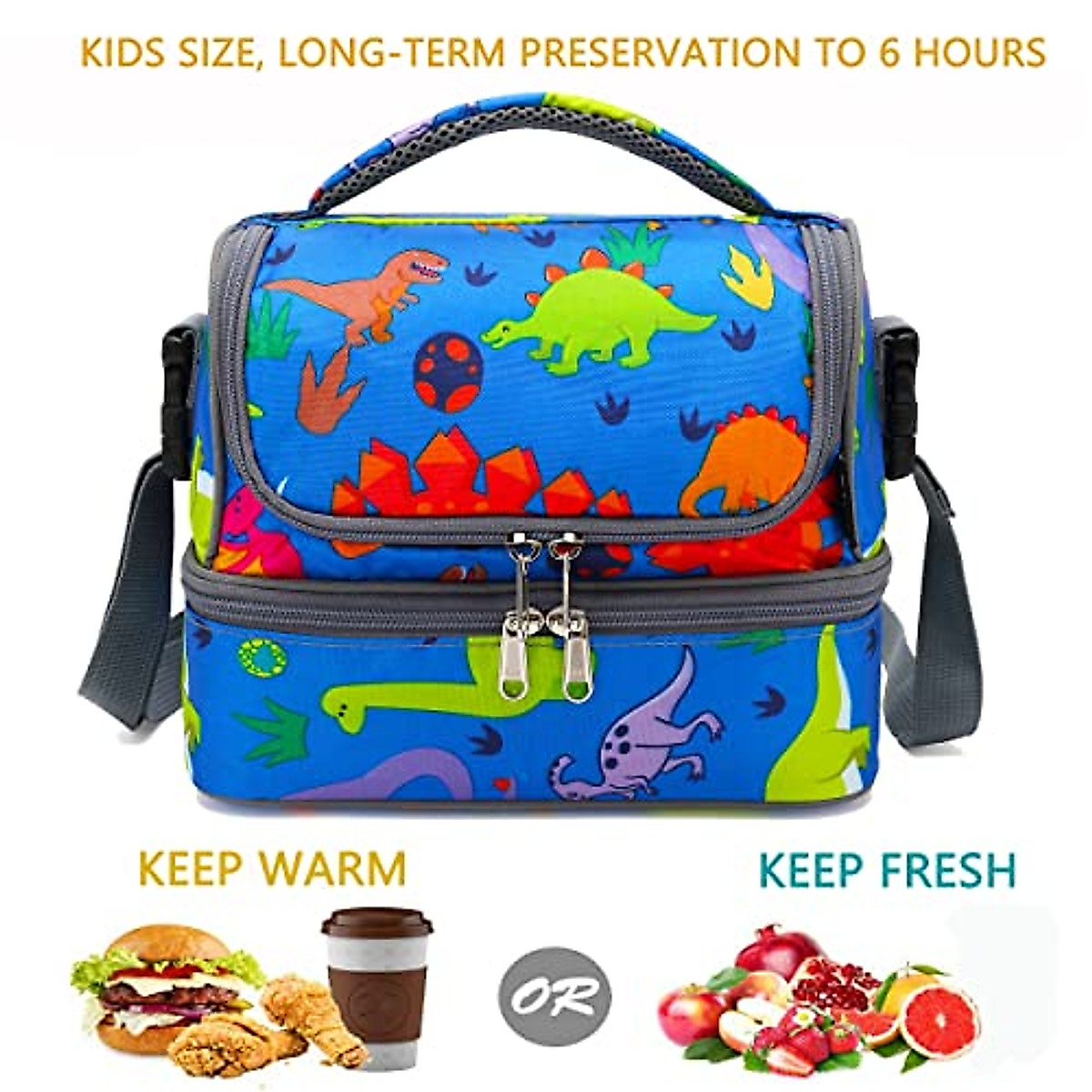 FlowFly Kids Double Decker Cooler Insulated Lunch Bag Large Tote for Boys, Girls, Men, Women, With Adjustable Strap, Dinosaur