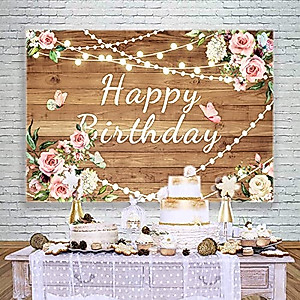 LYCGS 7X5FT Pink Flower Wood Backdrop Happy Birthday Girl Party Background Watercolor Flower Girl Photography Background Spring Flower backdrops Baby Shower Newborn Photography Props X-12
