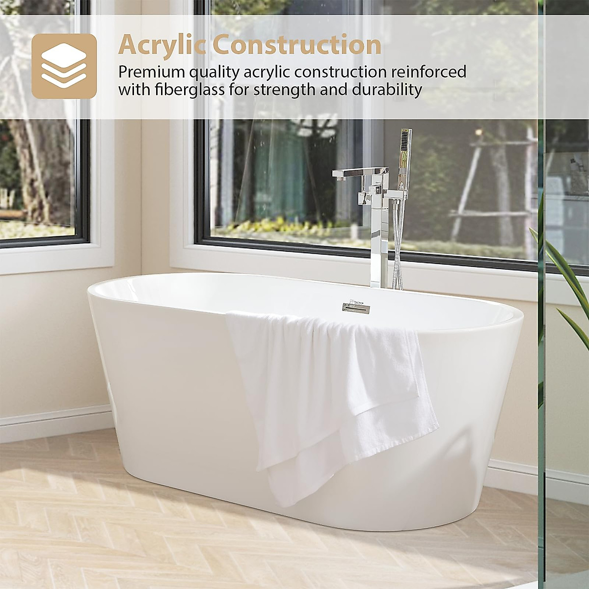 Vanity Art 54" X 29" Non-Slip Acrylic Freestanding Bathtub | Contemporary Design Soaking Tub with Overflow and Pop-up Drain, UPC Certified VA6815-NXSW