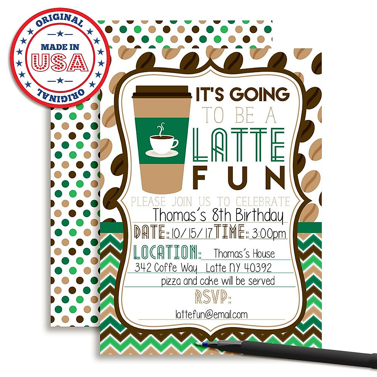 Latte Fun Green and Brown Coffee Birthday Party Invitations, 20 5x7 Fill In Cards with Twenty White Envelopes by AmandaCreation