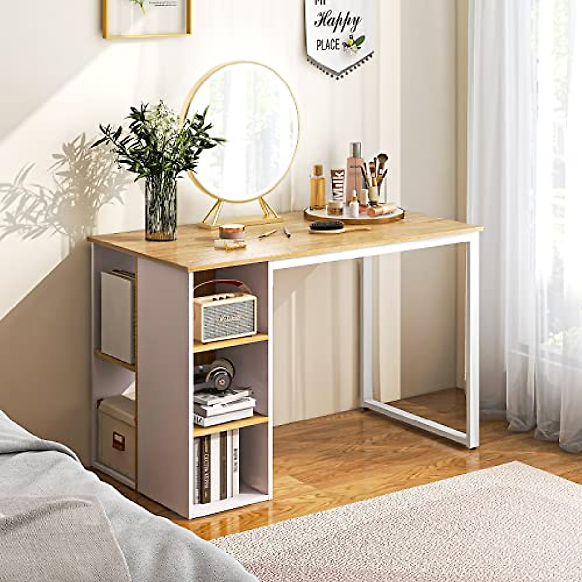 Tangkula Computer Desk with Storage Shelves, Home Office Desk with 5 Side Shelves & Metal Frame, Space Saving Laptop PC Desk, Writing Study Desk, Modern Vanity Desk for Bedroom (Natural)