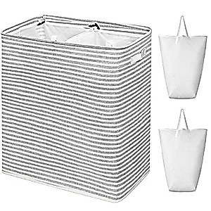 WOWLIVE 115L Freestanding Laundry Hamper Divided Collapsible Large Laundry Basket 2 Removeable Liner Bags Dirty Clothes Hamper with Extended Handles Easy to Carry (Striped Grey)