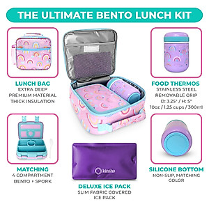 Bento Lunch Box with Thermos for Kids Set, Insulated Lunch Bag with Ice Pack, Stainless Steel Food Jar for Hot Soup, Boxes with 4 Compartments, Purple Rainbow