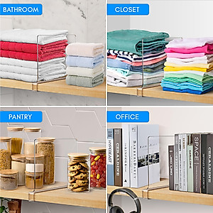 VooValley 4Pcs Clear Acrylic Shelf Dividers for Closets, Vertical Shelves - Sturdy Closet Shelf Organizer with 4 Hooks and Tape - Easy to Install Tall Shelf Separators for Bathroom, Pantry, and More