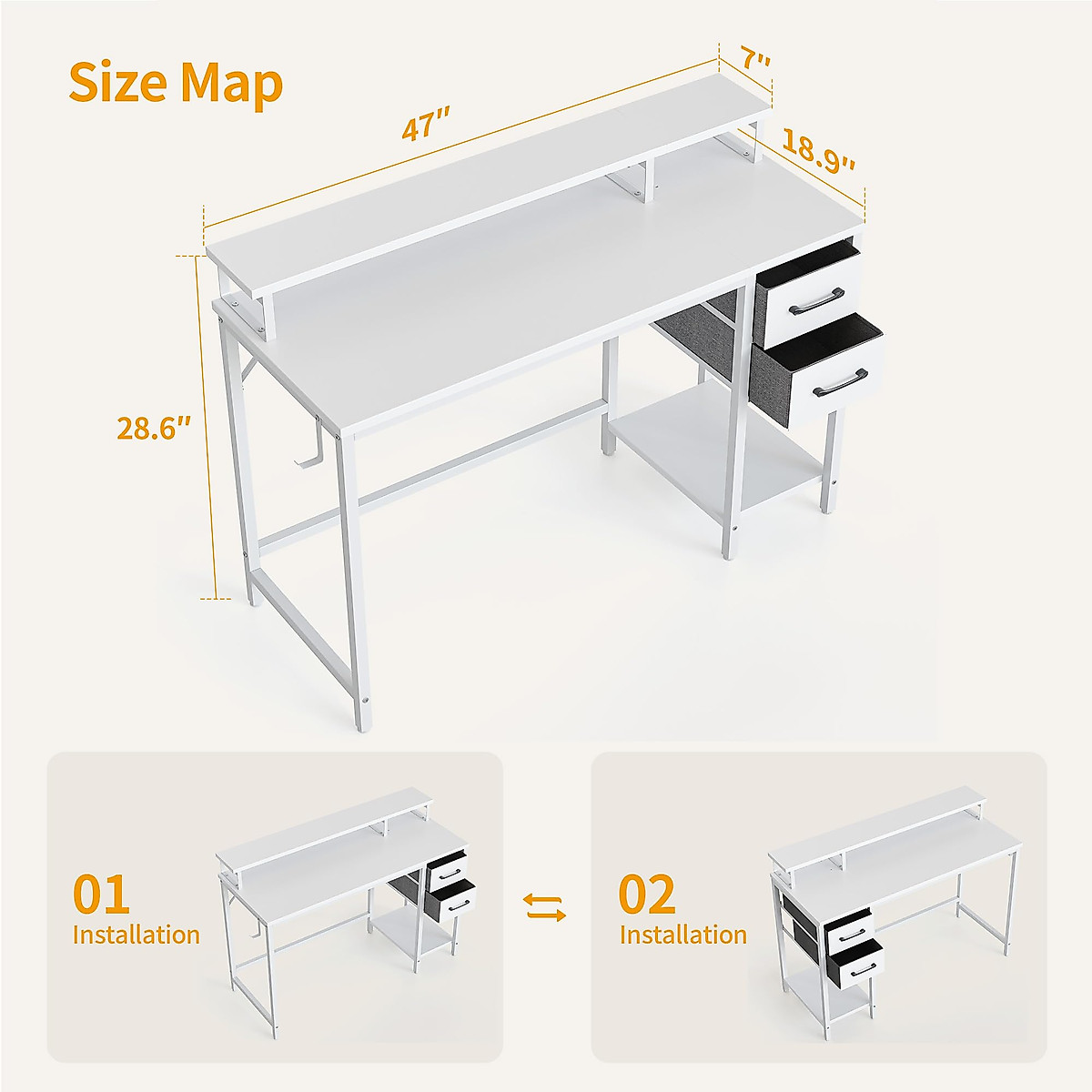 CubiCubi Computer Desk with Drawers, 47 Inch Reversible Office Desk with Monitor Stand and Storage Shelves, Work Writing Study Desk Table for Home, White