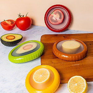 4PCs Silicone film cover+ABS Fruit and Vegetable Storage Containers Set for Fridge, Onion Storage Container, Avocado keeper,Tomato Saver,and Lemon holder reusable food savers