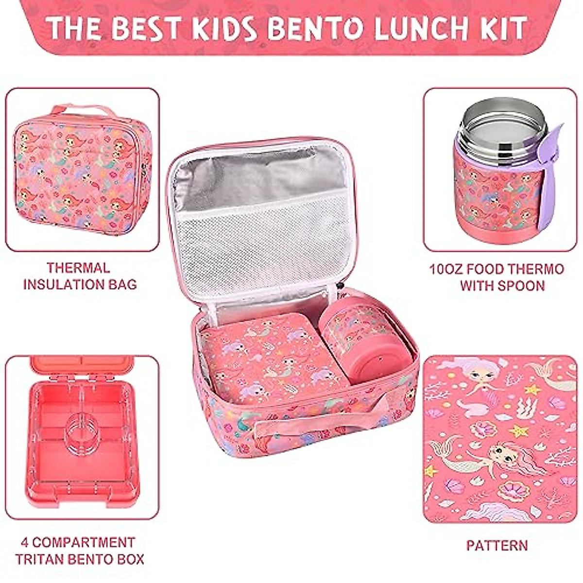 Bento Lunch Box Set With 10oz Soup Thermo, Leak-proof Lunch Containers with 4 Compartment, Kids Hot Thermo Food Jar/Insulation Lunch Bag, Food Containers for School（Mermaid）