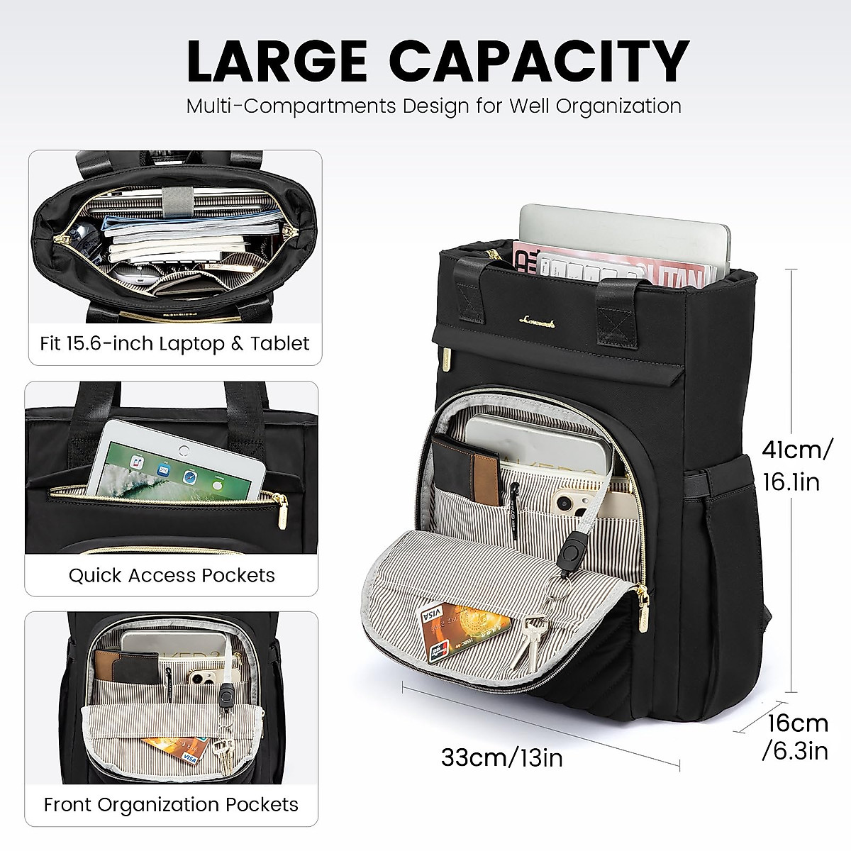 LOVEVOOK Laptop Backpack for Women, 15.6 Inch Work Business Laptop Bag, Wide Top Open Teacher Nurse Bag with USB Port, Waterproof Computer Backpack Purse for travel, Black