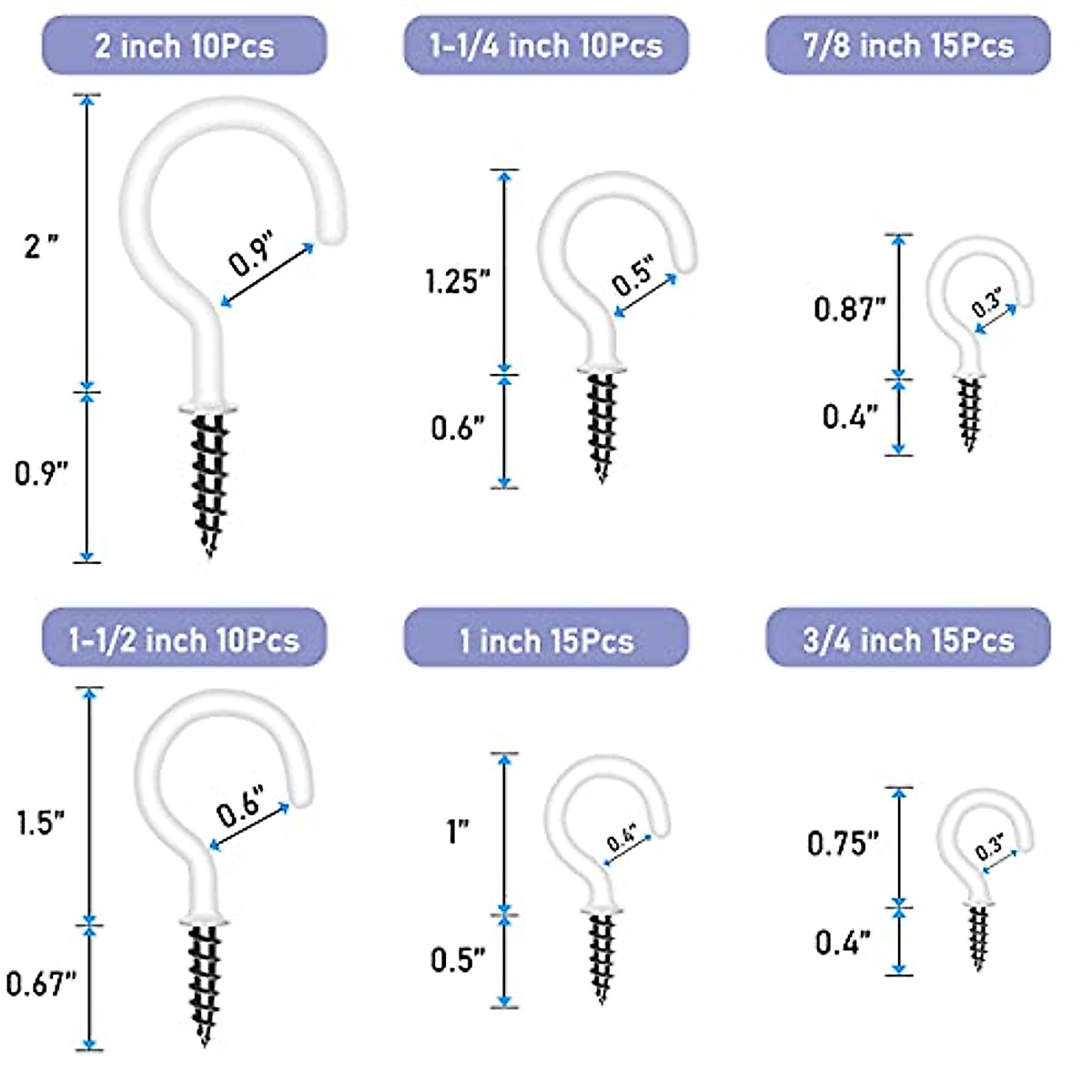 EIENHOSHI Ceiling Hooks, Cup Hooks Screw in Hooks for Hanging, White Vinyl Coated Hooks Kit (2", 1-1/2", 1-1/4", 1'', 7/8", 3/4") -75 Pcs, Small to Heavy Duty