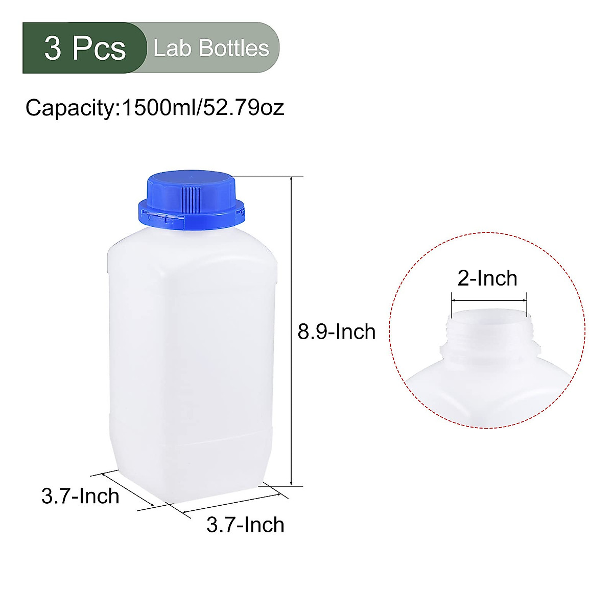 YOKIVE 3 Pcs Lab Chemical Bottle, Plastic Containers with Wide Mouth | Reagent Sample Sealing, Great for Laboratory, Store, Factory (Translucent, 1500-ML)