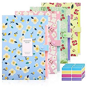 Skydue 4 Pack File Folders with 32 pcs Labels, 5 Pockets Expanding File Folder with Snap Closure A4 Letter Size Accordion Document Organizer for School and Office