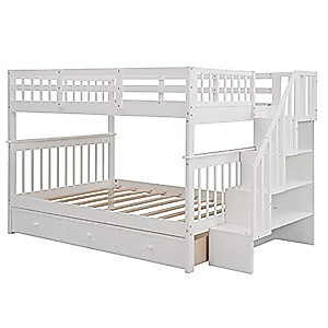 Full Over Full Bunk Beds with Drawers and Stairs Wood Bunk Bed Frame with Storage for Kids Teens Adult, Detachable Bunked for Boys Girls Women Men, White