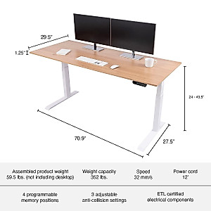 Stand Up Desk Store Electric Adjustable Height Standing Desk with Programmable Memory (White Frame/Natural Walnut Top, 72" Wide)