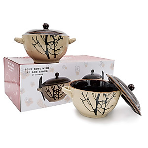 ECODECO Bake & Serve - Large Ceramic Soup Bowls With Handles - 30 Ounce - Set of 2 - Oven-, Microwave and Dishwasher Safe Pots with Lids