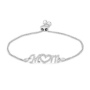ARAIYA FINE JEWELRY 925 Sterling Silver Round-shape Diamond Mom Heart Bolo Bracelet (1/10 cttw, I-J Color, I2-I3 Clarity), 7''