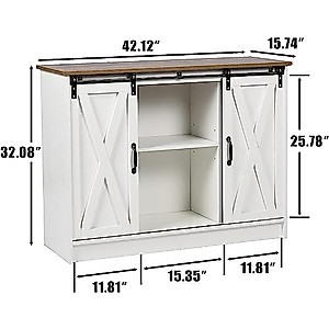 4 EVER WINNER Farmhouse Coffee Bar Cabinet, Kitchen Buffet Storage Coffee Cabinet Station Credenza Cupboard with Adjustable Shelf, Buffet Cabinet with Storage and Sliding Barn Doors, White