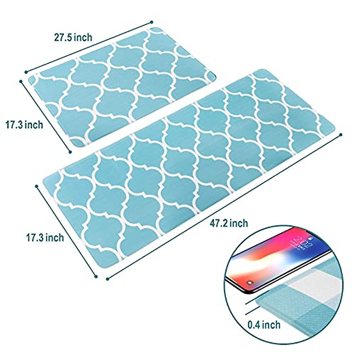 Carvapet Moroccan Trellis Kitchen Mat 2 PCS Cushioned Anti-Fatigue Kitchen Rug Waterproof Non-Slip Rugs PVC Ergonomic Comfort Standing Foam Mats for Office Laundry, Teal, 17.3''x27.5''+17.3''x47.2''