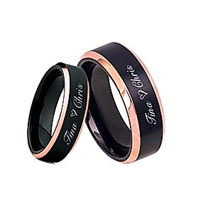 Personalized Rose Gold & Brushed Black Stainless Steel Ring Set Custom Engraved Free - Couple's Ring Set - Wedding Band - Ships from USA
