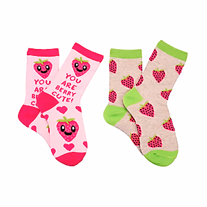 Everything Legwear Kids Valentine's Day 2 Pair Pack Crew Socks - You Are Berry Cute Strawberries - Fits Shoe Size 9-3 (2 Pair)