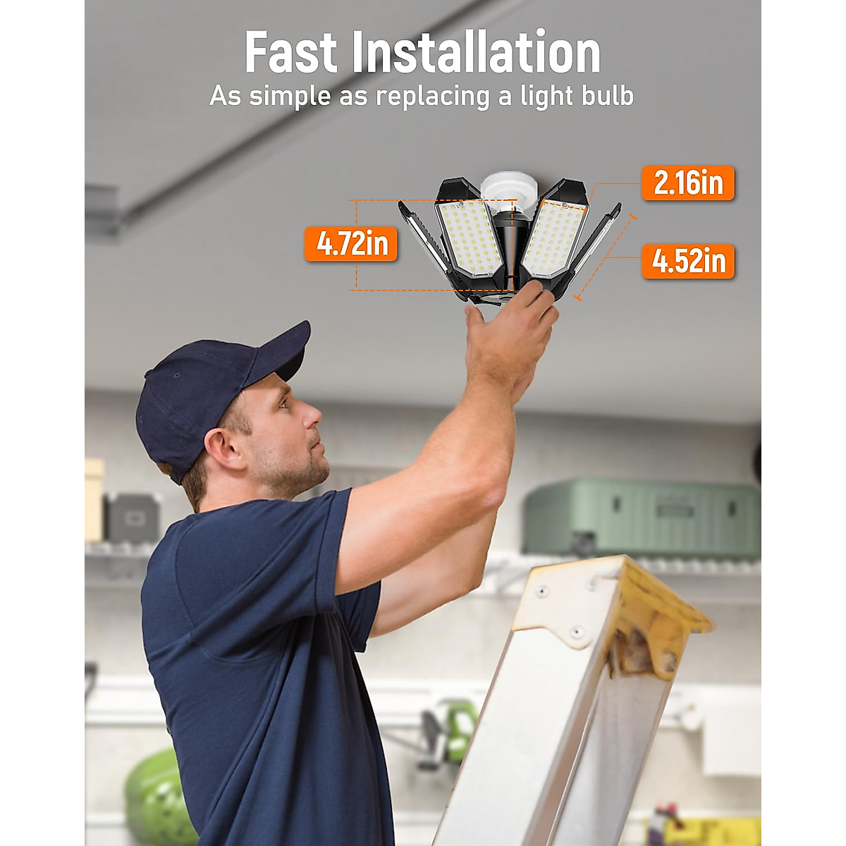 Adiding LED Garage Ceiling Light, 4 Pack 40000 Lm Bright Screw into E26 E27 Socket LED Basement Light with 6 Deformable Panels LED Shop Light 6500K for Pole Barn Workshop Attic Porch Storage Room