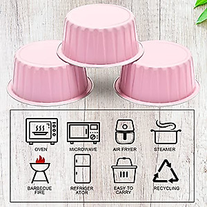 Jumbo Muffin Liners with Lids 50 Pack,Free-Air 5oz Aluminum Foil Cupcake Cups Muffin Tins,Disposable Ramekins Cupcake Baking Pans Cupcake Holders for Custard Mini Pie -Pink