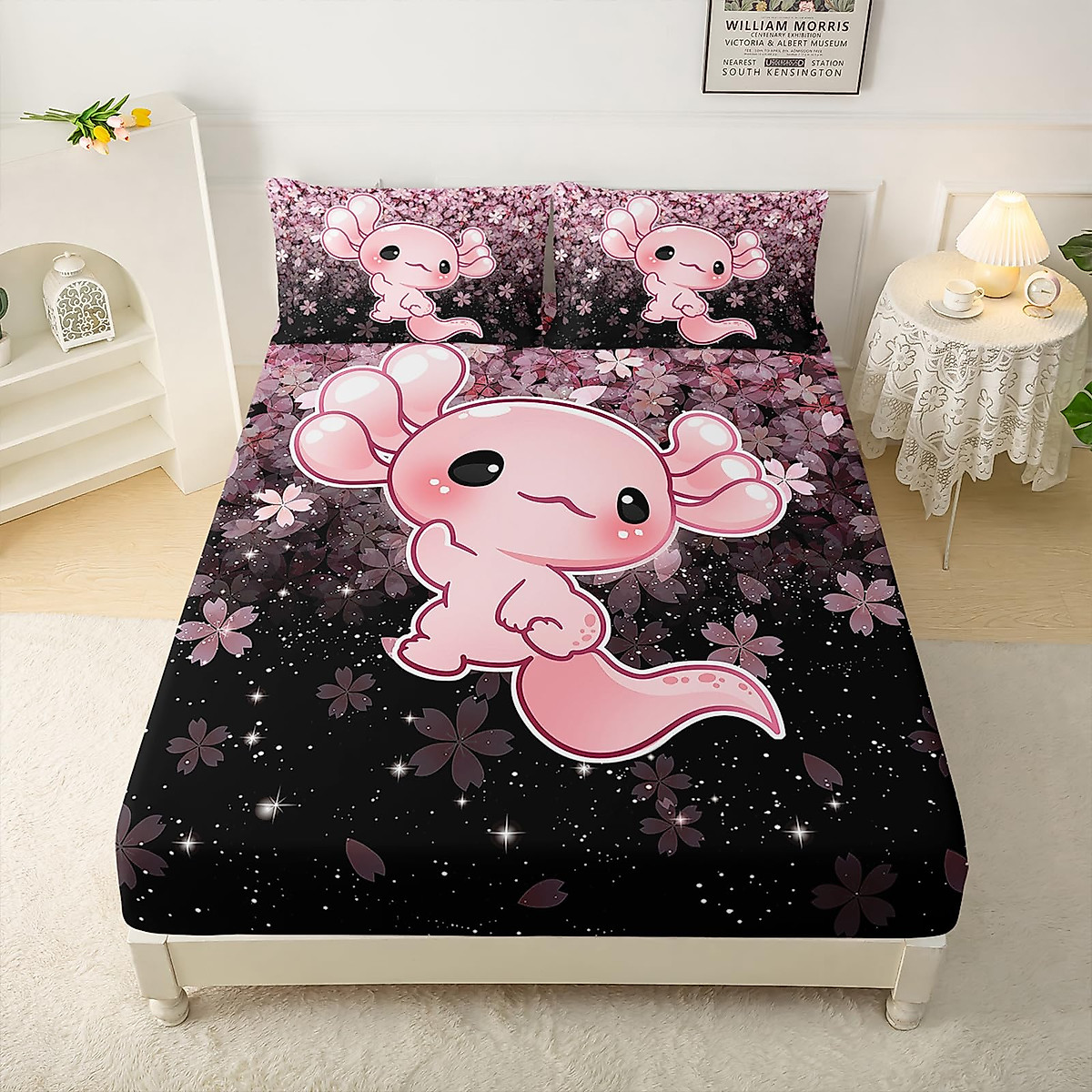 QOOMO Kawaii Axolotl Bedding for Boys and Girls Pink Cherry Blossom Super Soft Kids Bedding Set Sparkling Stars Breathable Room Decoration Twin Size 1 Fitted Sheet, 1 Flat Sheet, 2 Pillow Cases