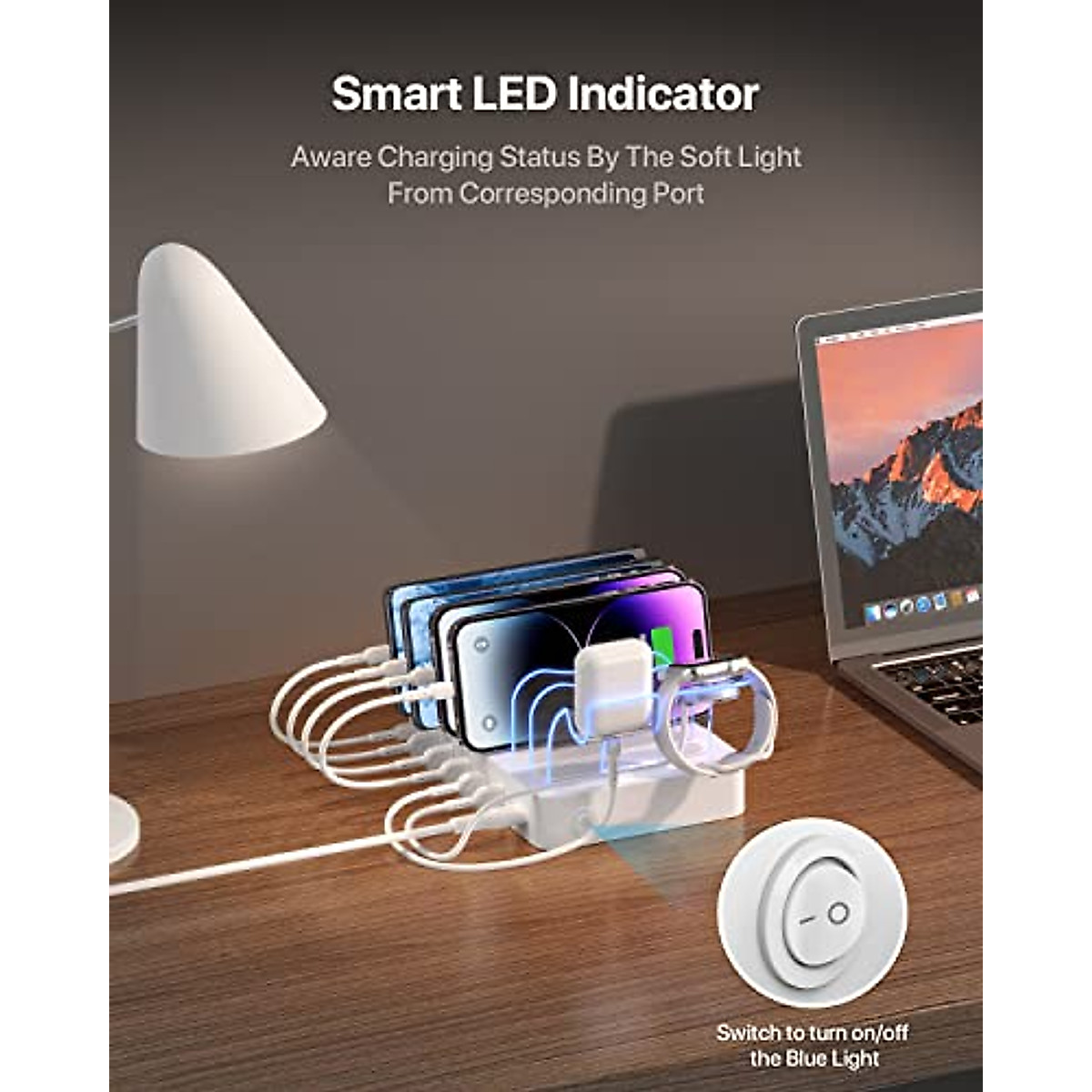 SooPii 60W 6-Port Charging Station for Multiple Devices, PD 20W USB C Fast Charging for lPhone 14/13/12,6 Short Cables Included, 2 in 1 Holder,for Phones,Tablets and Others,White