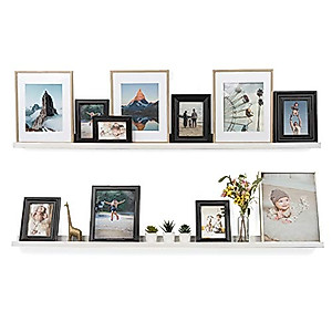 Rustic State Ted Wall Mount Extra Long Narrow Picture Ledge Photo Frame Display - 60 Inch Floating Wood Shelf for Living Room Office Kitchen Bedroom Bathroom Décor - Set of 2 - Washed White