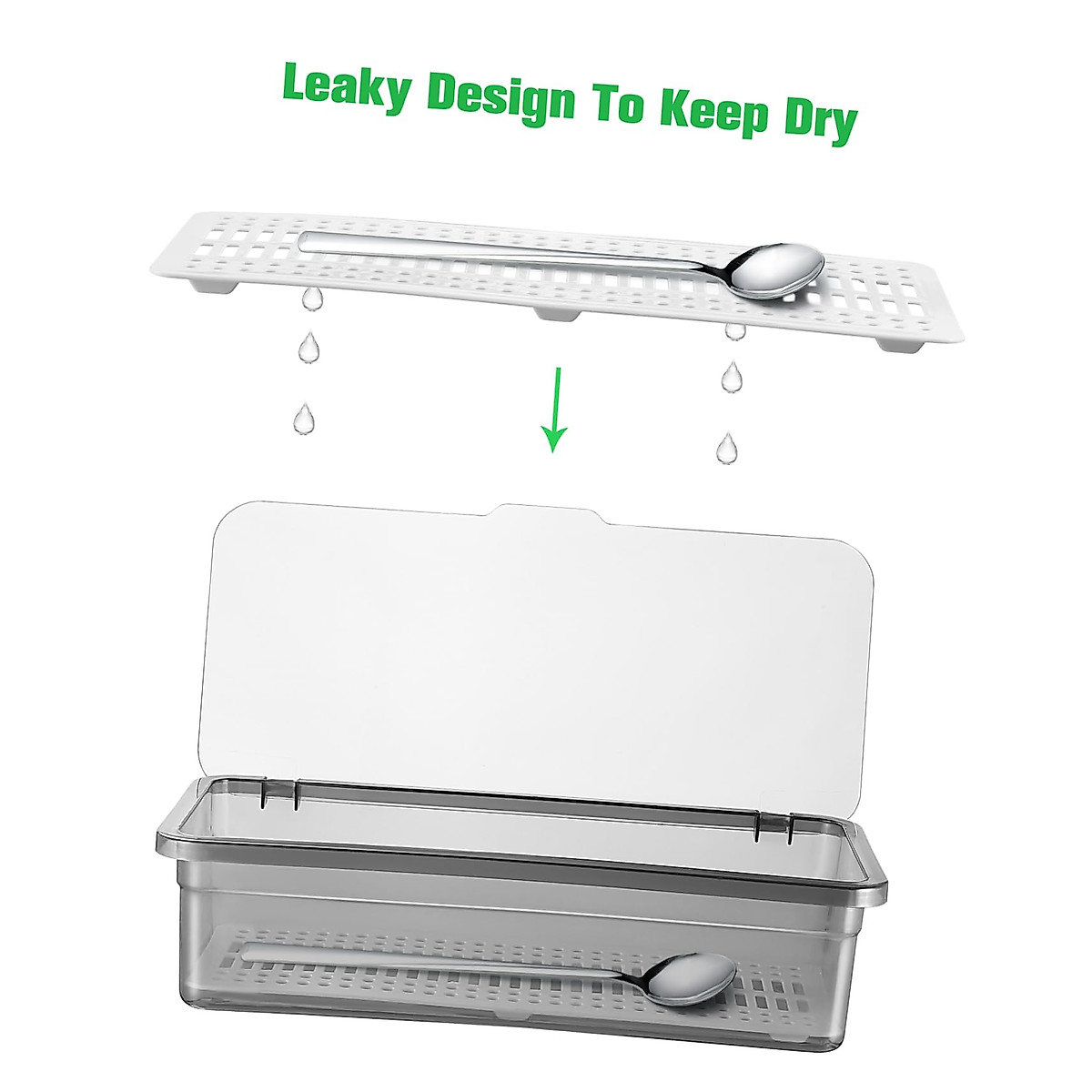 TOPBATHY Flatware Plastic Tray with Lid Kitchen Cutlery and Utensil Drawer Organizer Silverware Countertop Storage Container (Black)