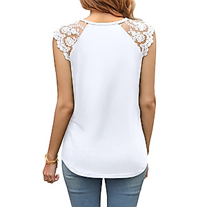 MIHOLL Women's Elegant 2025 Summer Top Sleeveless Camisole Round Neck Lace Trim Ruffle Tank Tops(White,Large)